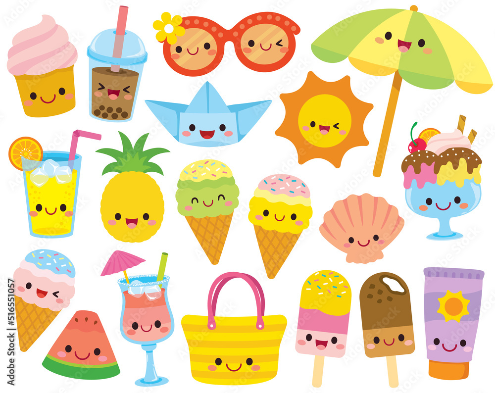 Cute kawaii summer clipart set. Cartoon characters of summer and beach ...