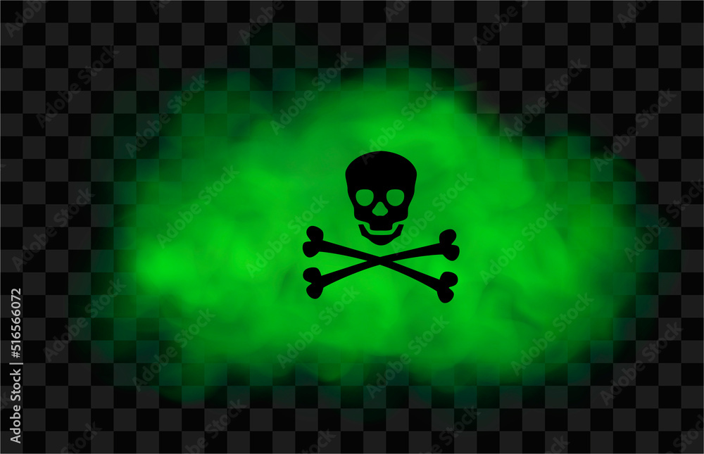 The skull and crossbones symbol on toxic green smoke, fog or gas cloud ...
