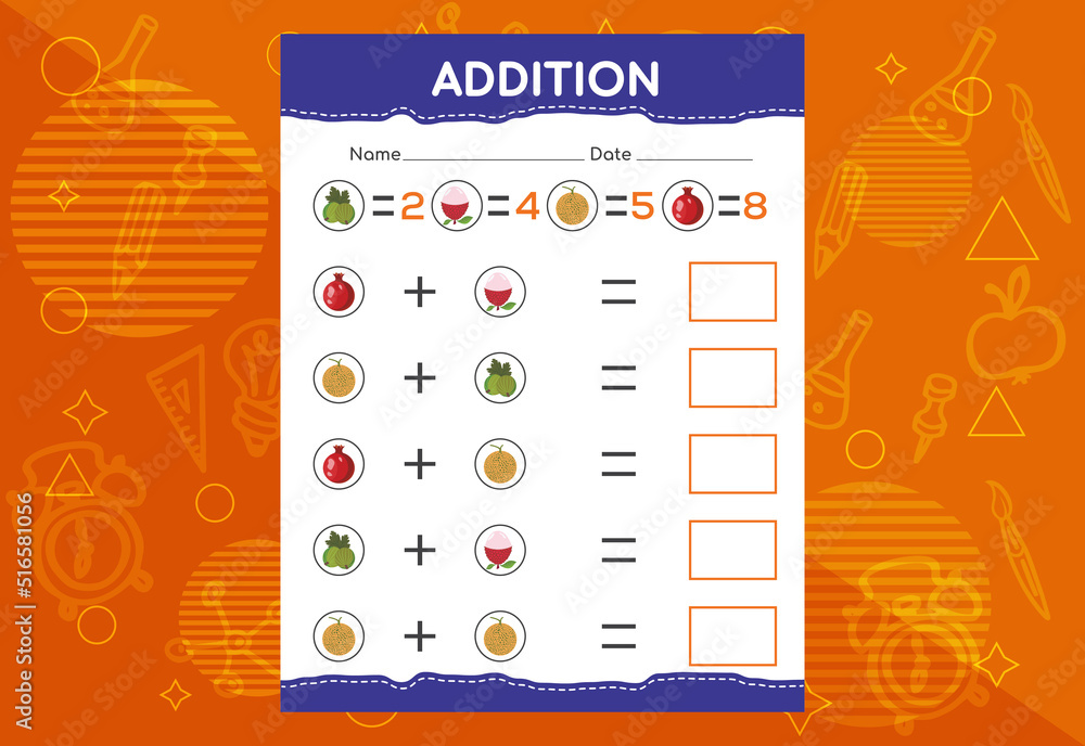 Addition with different fruits for kids. An educational worksheet for ...