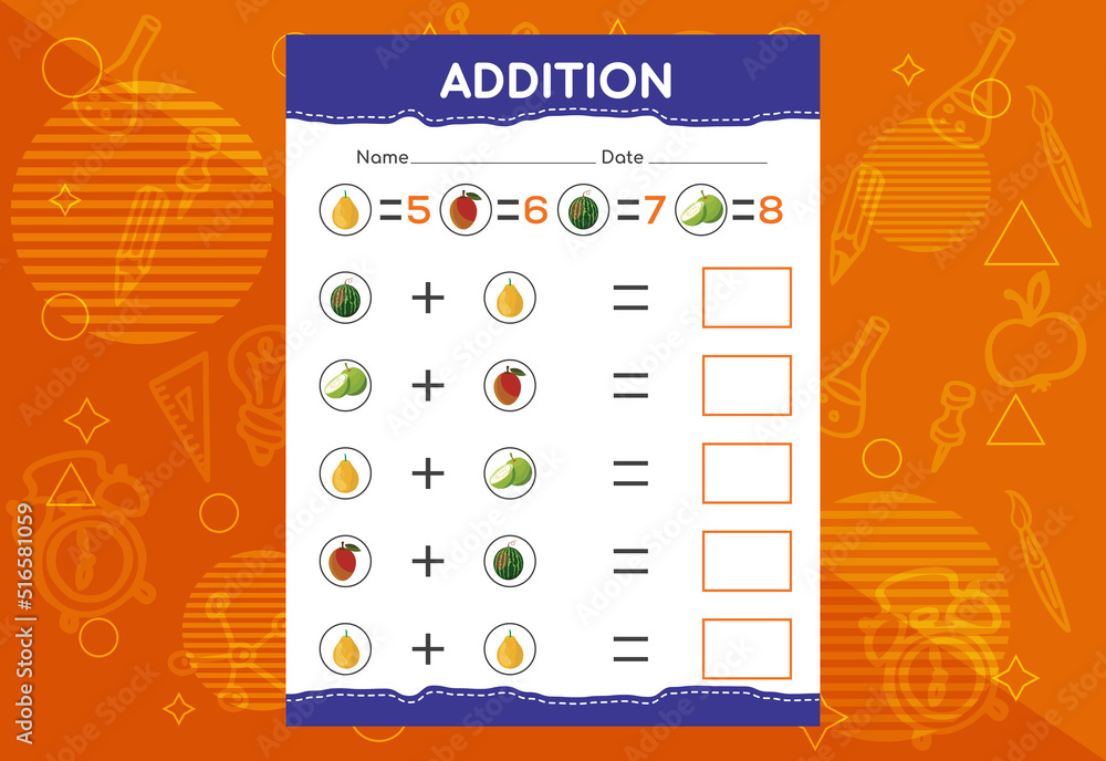 Addition with different fruits for kids. An educational worksheet for ...