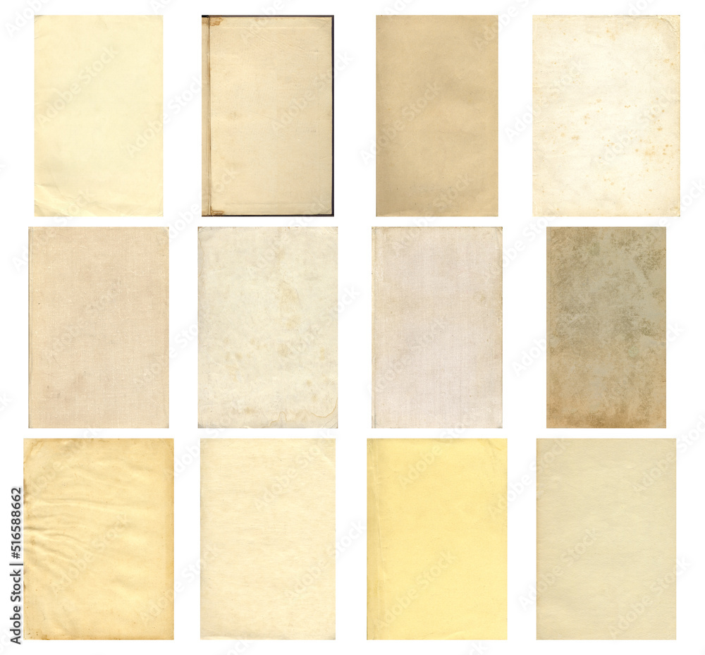 Paper and textile textures set. Blank old pages with rough faded ...
