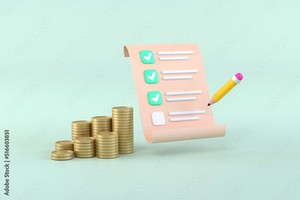 check list, check mark, pile money coins isolated. Stock Illustration ...