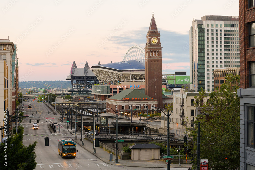 Seattle - July 09, 2022; City of Seattle wakes to dawn light across ...