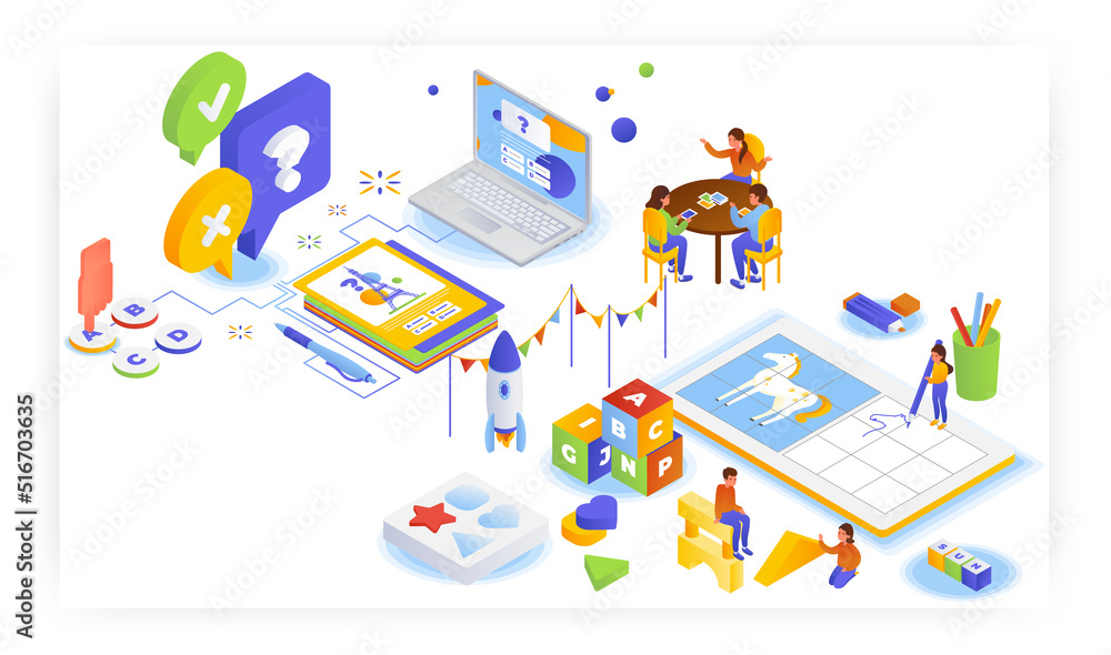 Kids playing trivia quiz, blocks, drawing pictures, learning alphabet ...