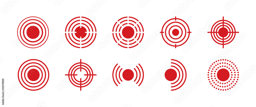 Pain point icons set. Pain red circles mark. Target spot symbols for ...
