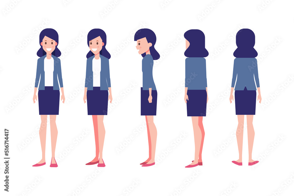 Girl, Woman front, side, back view flat vector character for animation ...