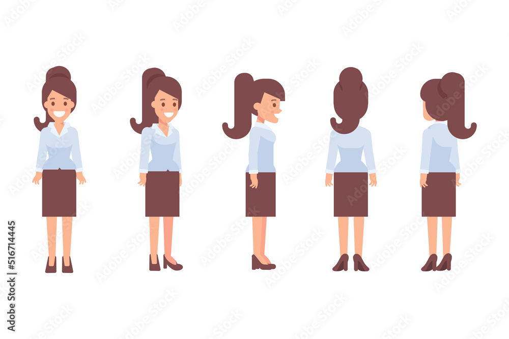 Girl, Woman front, side, back view flat vector character for animation ...