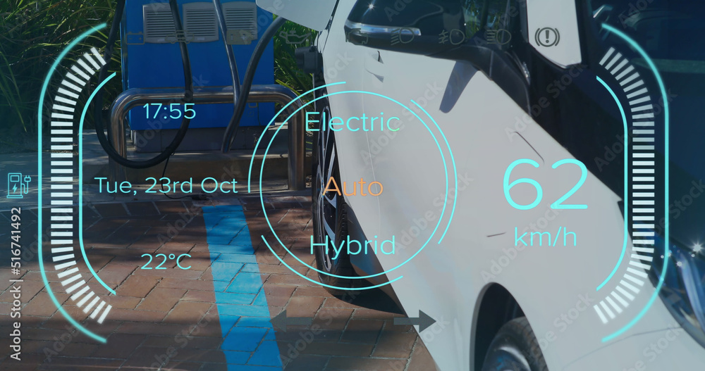 Image of interface with charging battery icon and speedometer over petrol station Stock ...