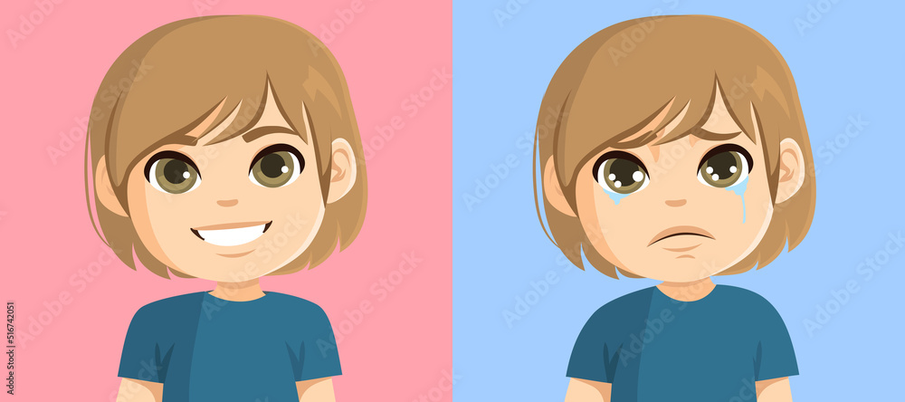 Little young boy expressing happy and sad face emotion. Joy and sadness ...