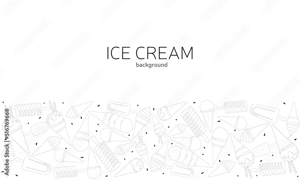 Background with different types of ice cream. Doodle texture with sweet ...