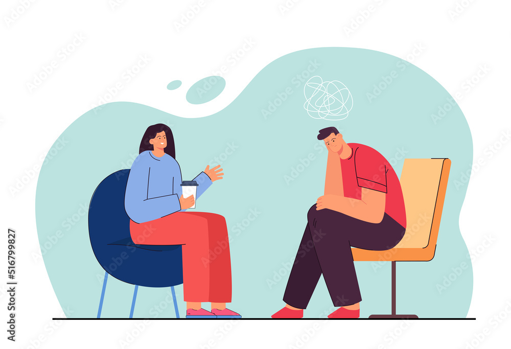 Therapist or friend talking to sad man. Confused or depressed character ...