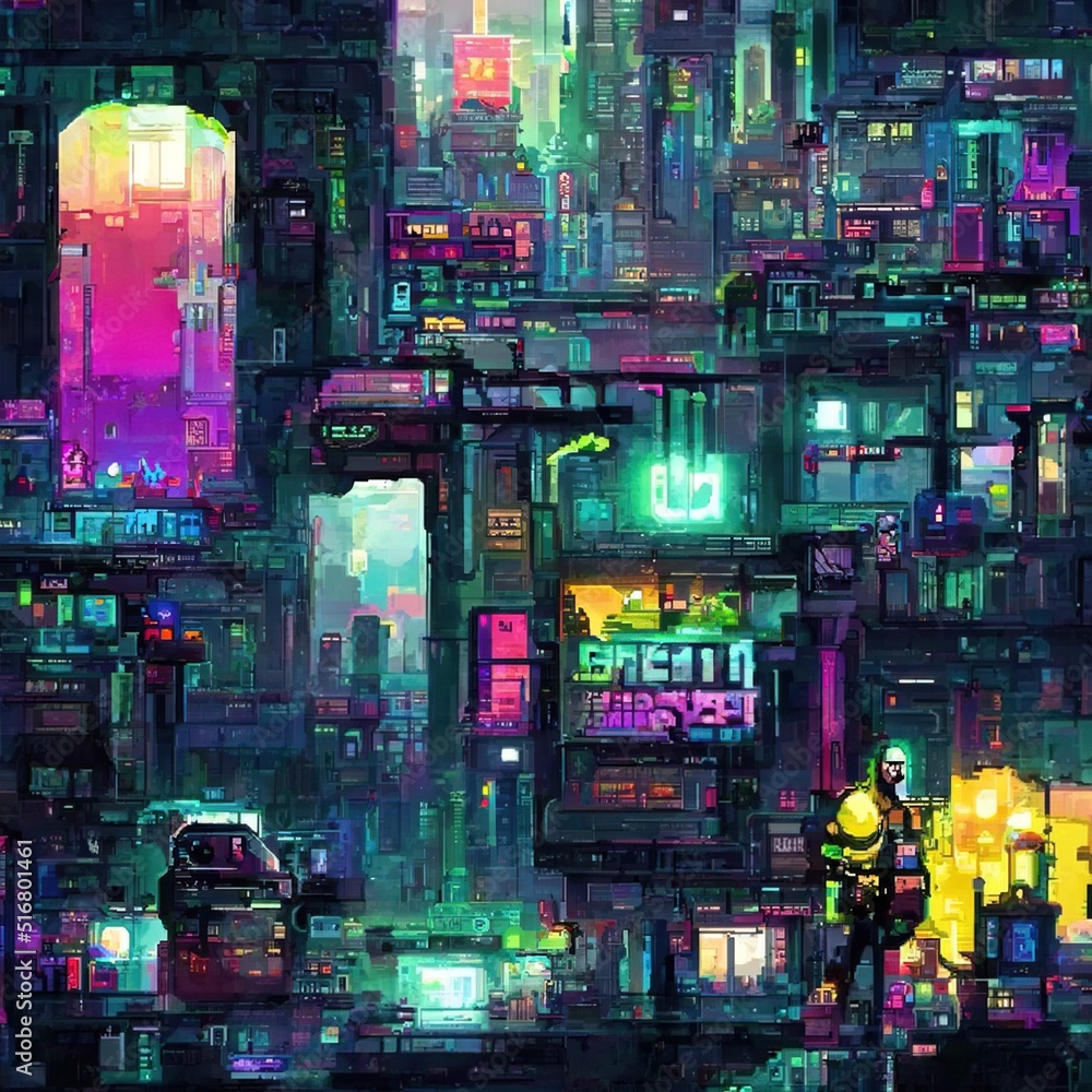 Cyberpunk neon city night. Futuristic city scene in a style of pixel ...