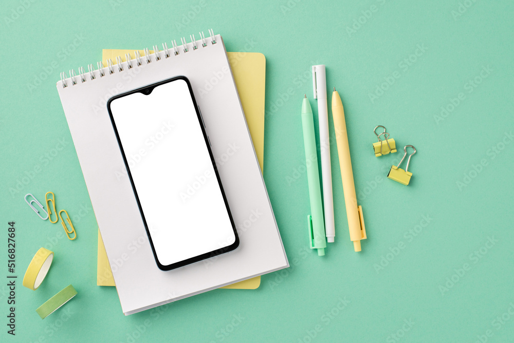 Back to school concept. Top view photo of school supplies smartphone on ...