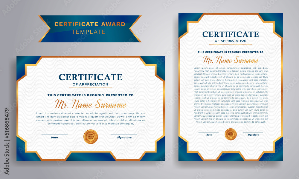 Certificate of achievement template, gold and blue color. Diploma ...