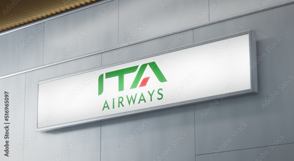 ITA Airways logo on illuminated airport sign. Editorial 3D rendering ...