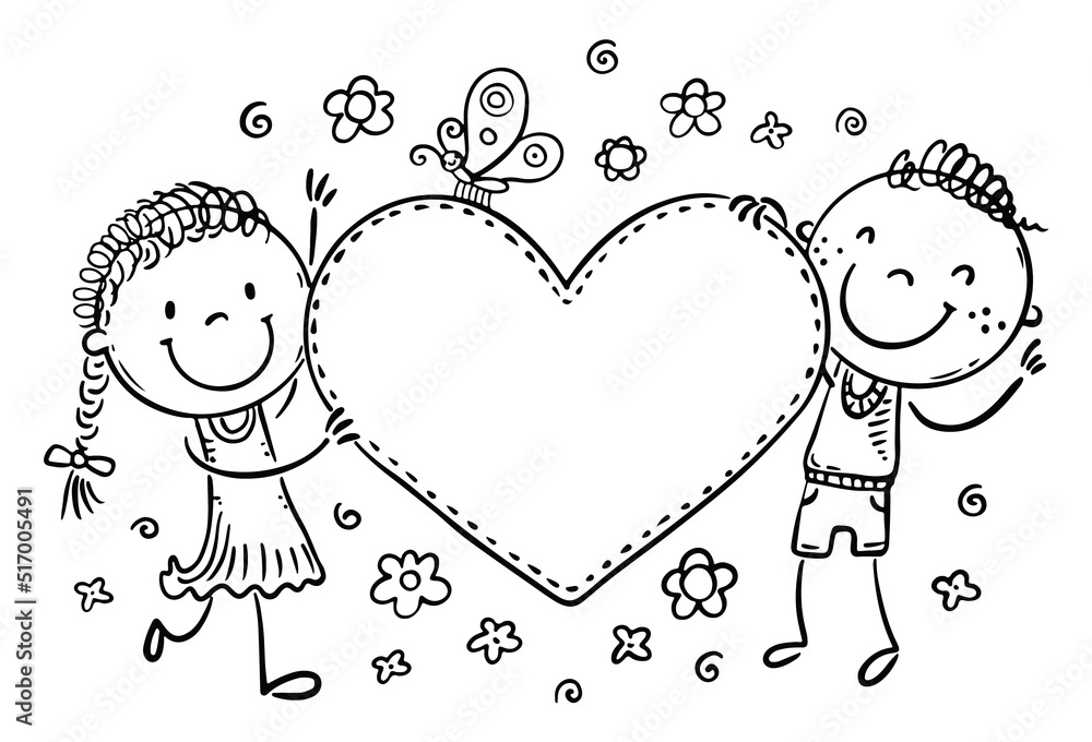 Line drawing of doodle cartoon kids holding heart with a blank space ...