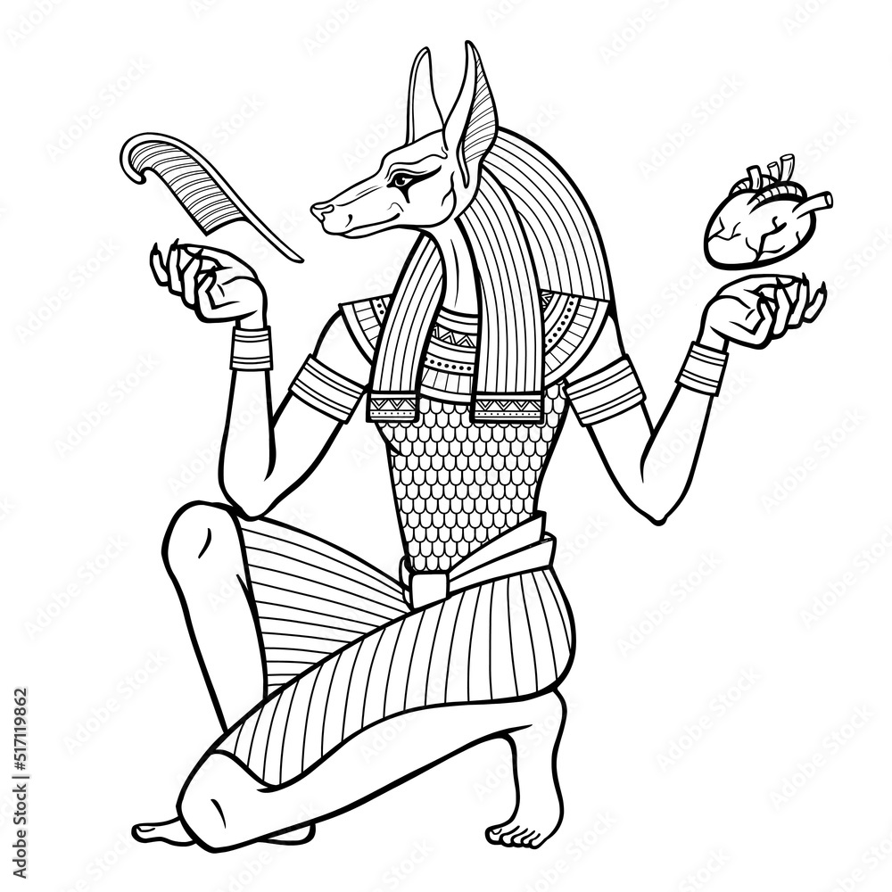 Animation portrait: Ancient Egyptian god Anubis holds human heart and ...