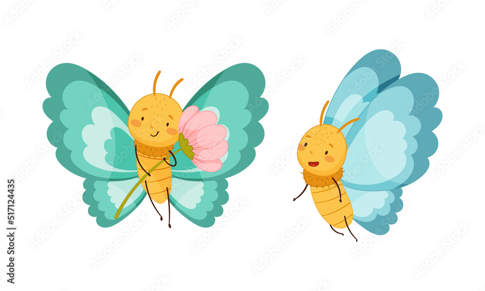 Set of cute butterflies with blue wings. Cute smiling insects with ...