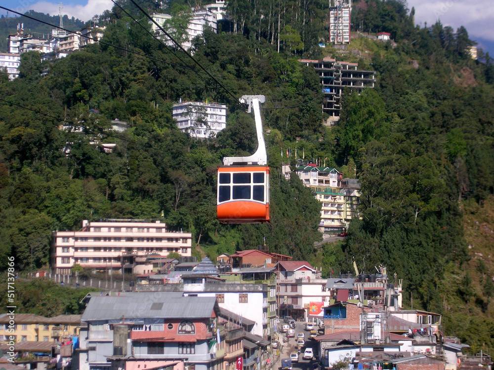Photo Stock The cable car passing above the houses vehicles on the road ...