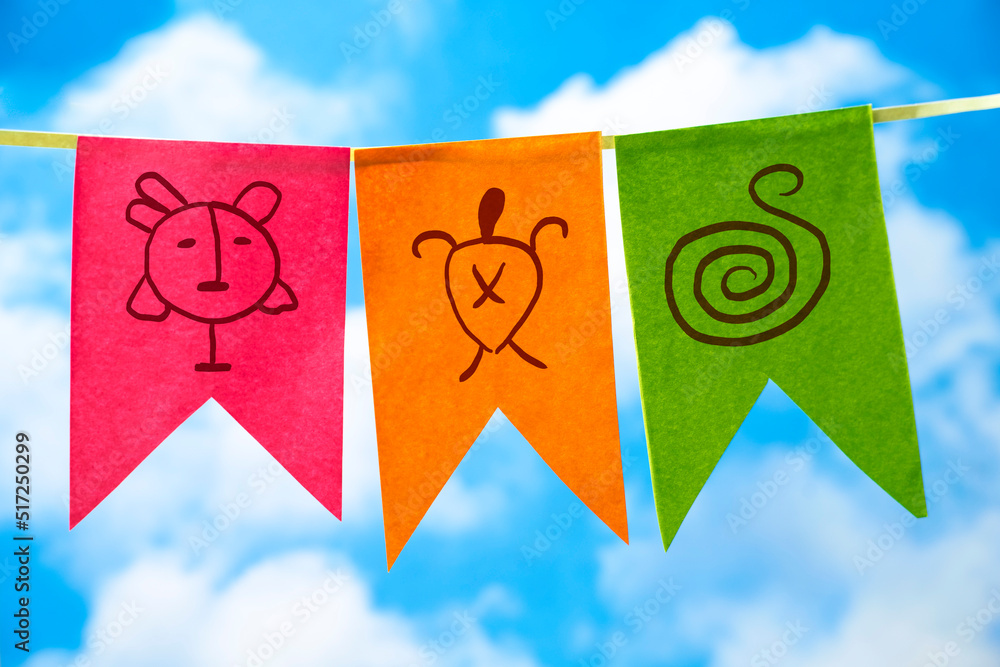 bunting with hand-drawn taino petroglyphs symbols, craft with children ...
