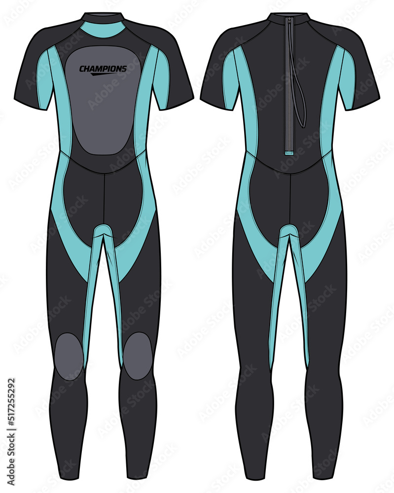 Full body diving Wetsuit with back Zipper flat sketch design ...