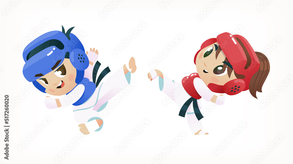 Boy and girl fighting. Taekwondo illustration for sport events designs ...