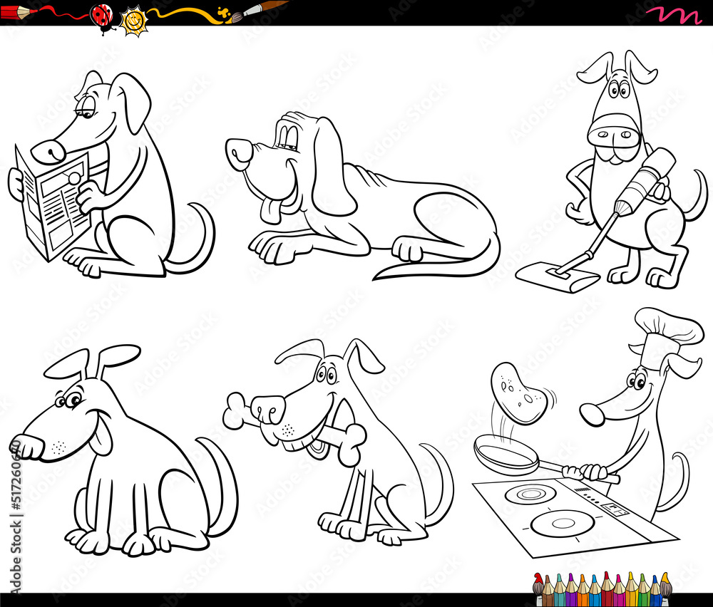 cartoon dogs animal characters set coloring page Stock Vector | Adobe Stock