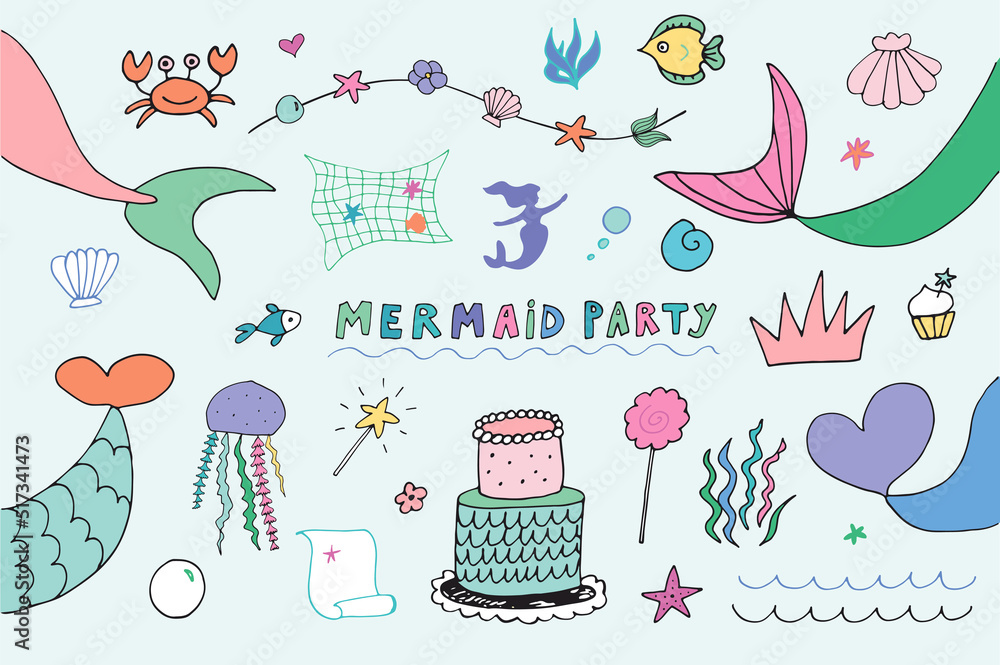 Mermaid party birthday celebration vector illustration set Stock Vector ...