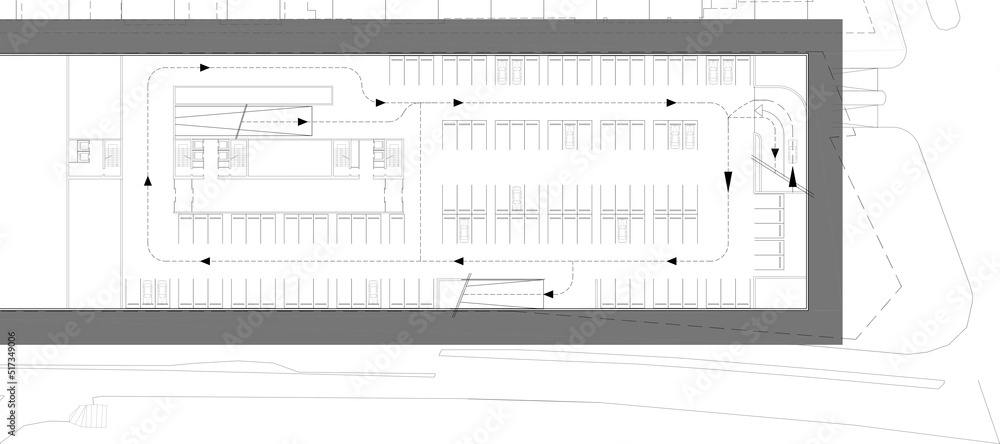 2d conceptual architectural drawing of a closed parking lot at basement ...