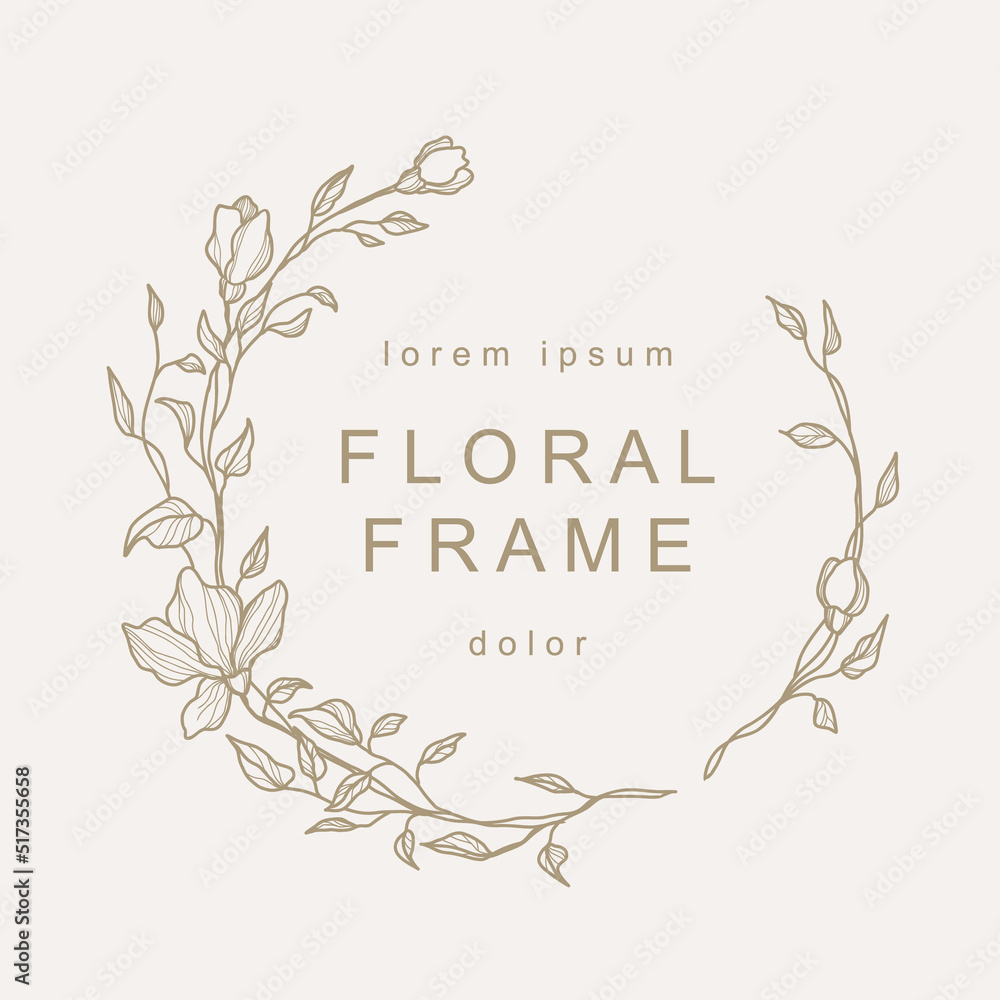 Elegant circle floral frame. Hand drawn logo template in line art with ...