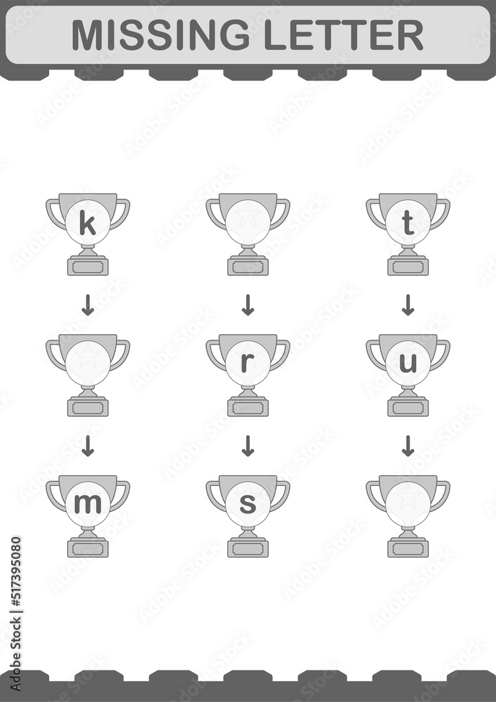 Missing letter with Trophy. Worksheet for kids Stock Vector | Adobe Stock