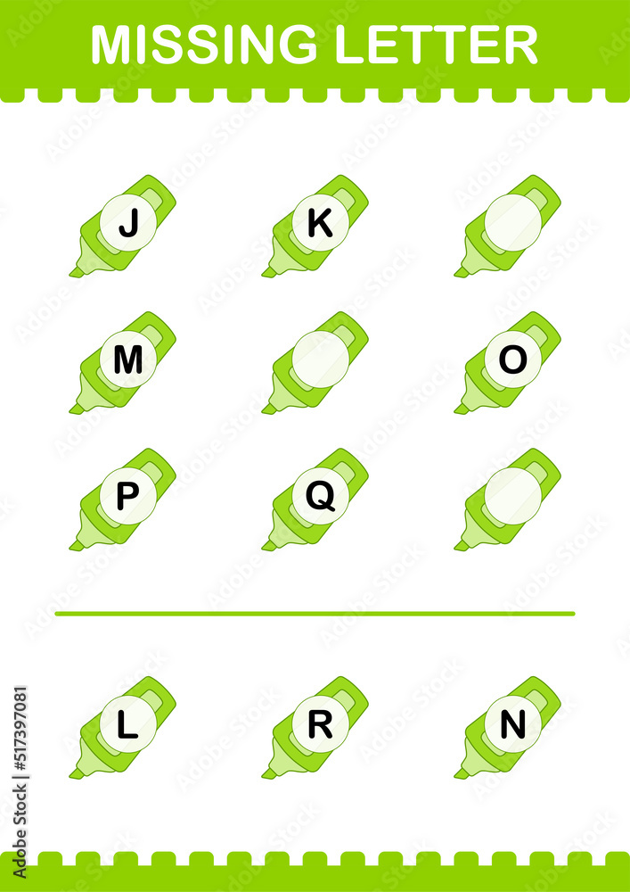 Missing letter with Marker. Worksheet for kids Stock Vector | Adobe Stock