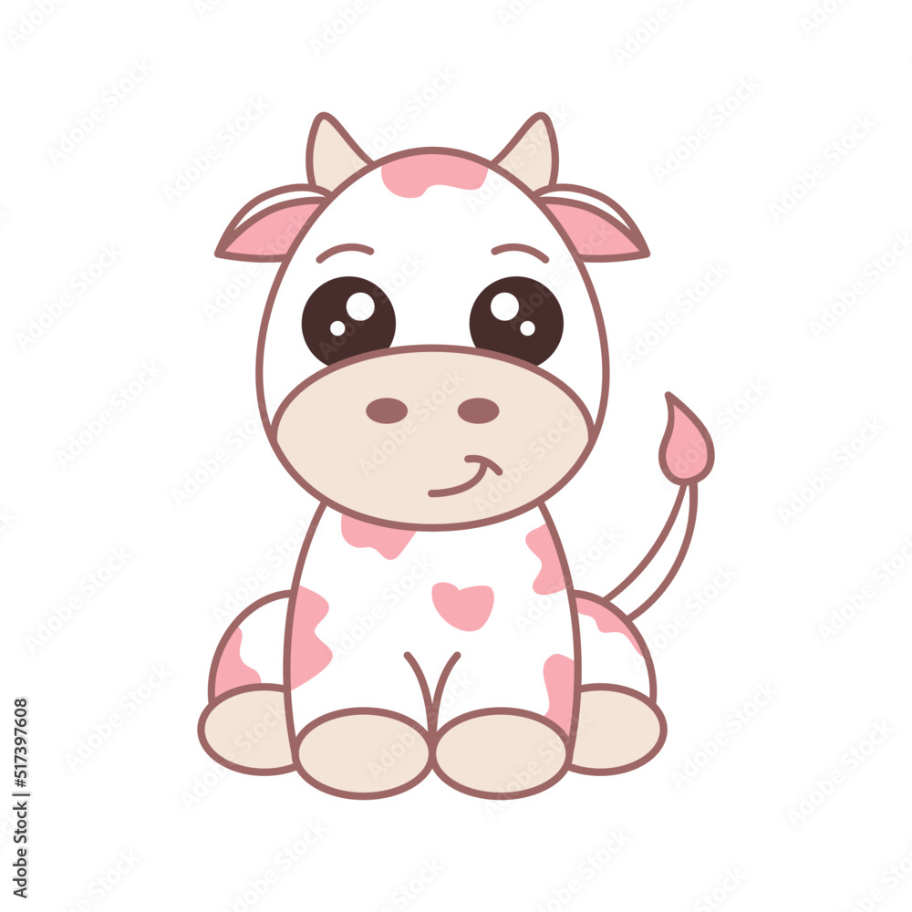 Cute pink strawberry cow. Funny animal cartoon character. Cow sitting ...