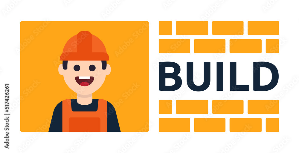 Happy construction worker cartoon character building a brick wall ...