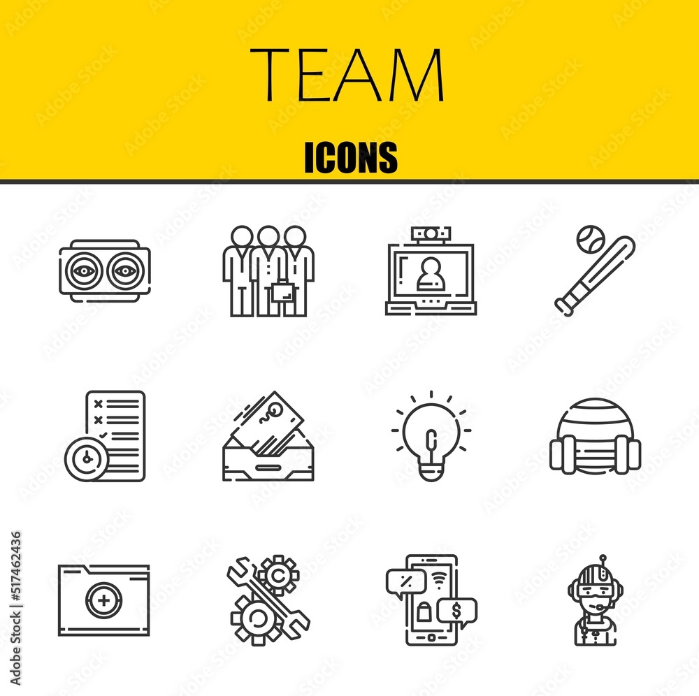 team vector line icons set. vision, teamwork and video call Icons. Thin ...