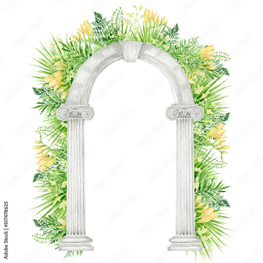 Watercolor antique arch with column ionic order, Ancient Classic Greek ...