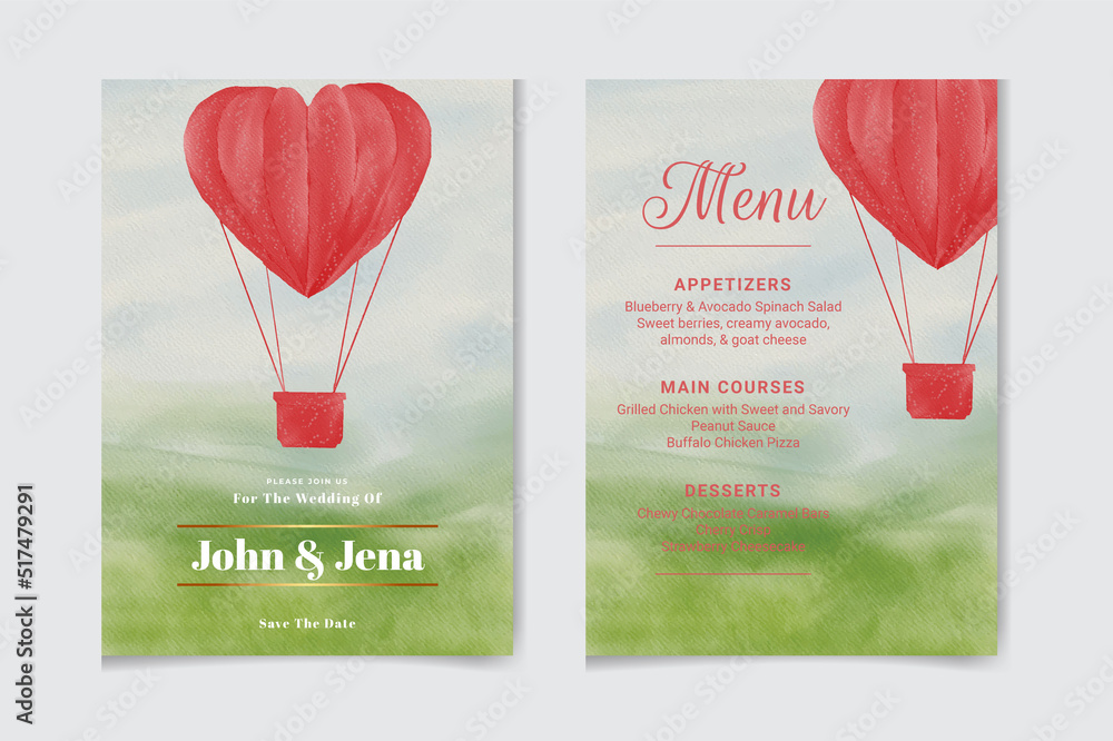 Red heart shape hot air balloon watercolor wedding invitation ...