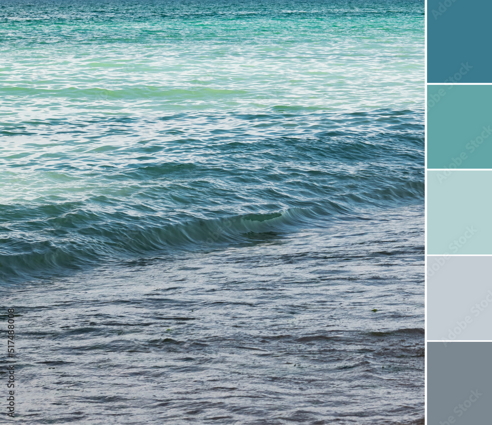 Color palette swatches of blue green grey gamma of sea water. Pastel ...