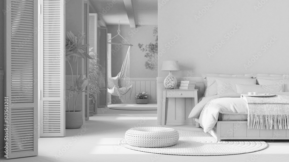 Total white project draft, country wooden bedroom close up in boho ...