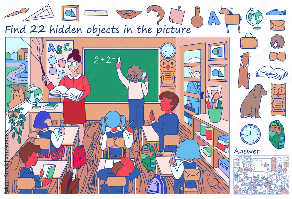 Teacher teach children in class. Find 22 hidden objects in the picture. Puzzle Hidden Items ...