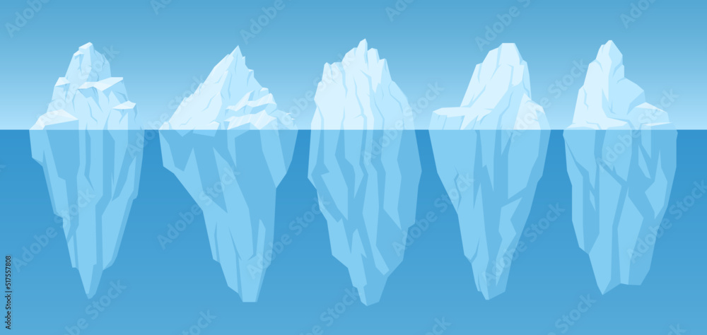 Cartoon icebergs, frozen arctic glaciers, snow floating bogs. Winter ...