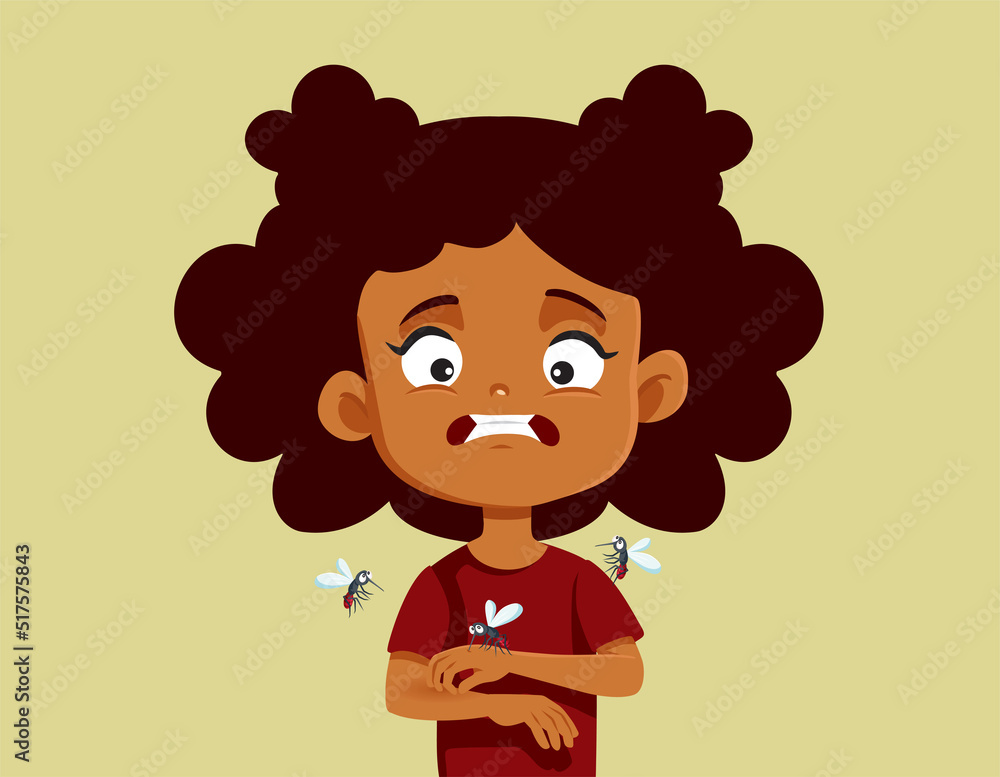Stressed Girl Bitten by Annoying Mosquitoes Vector Illustration. Little ...