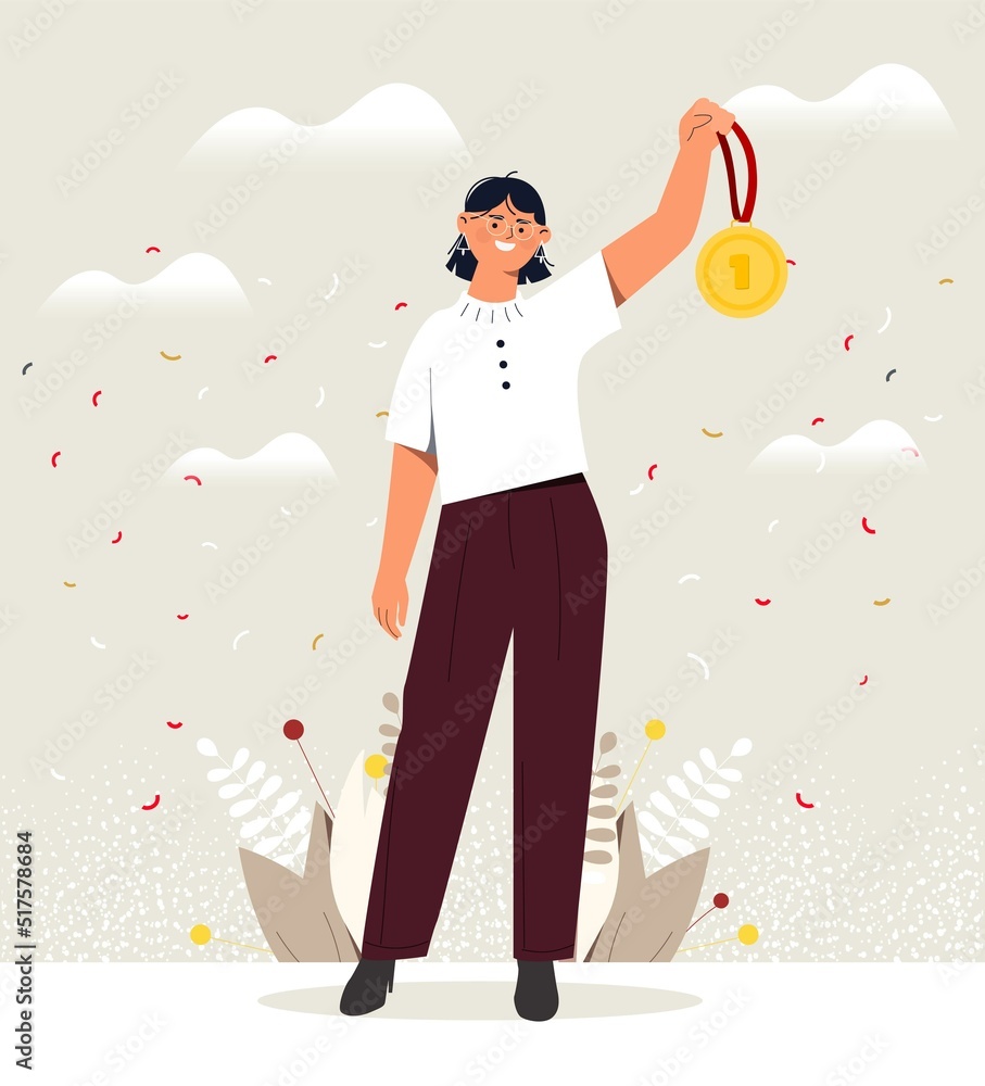 Champion with gold medal. Woman showing first place award, competition ...