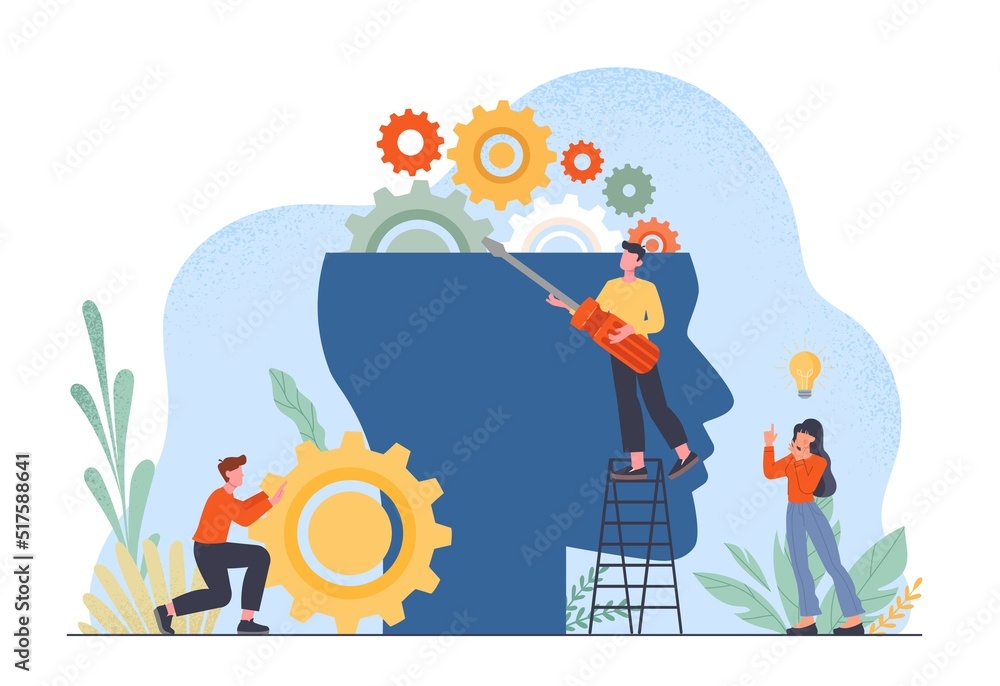 Self training concept. Characters with tools next to abstract head ...