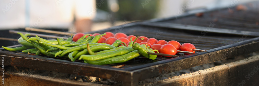 Amateur chef going to fry fresh tomatoes and green pepper on grill in ...