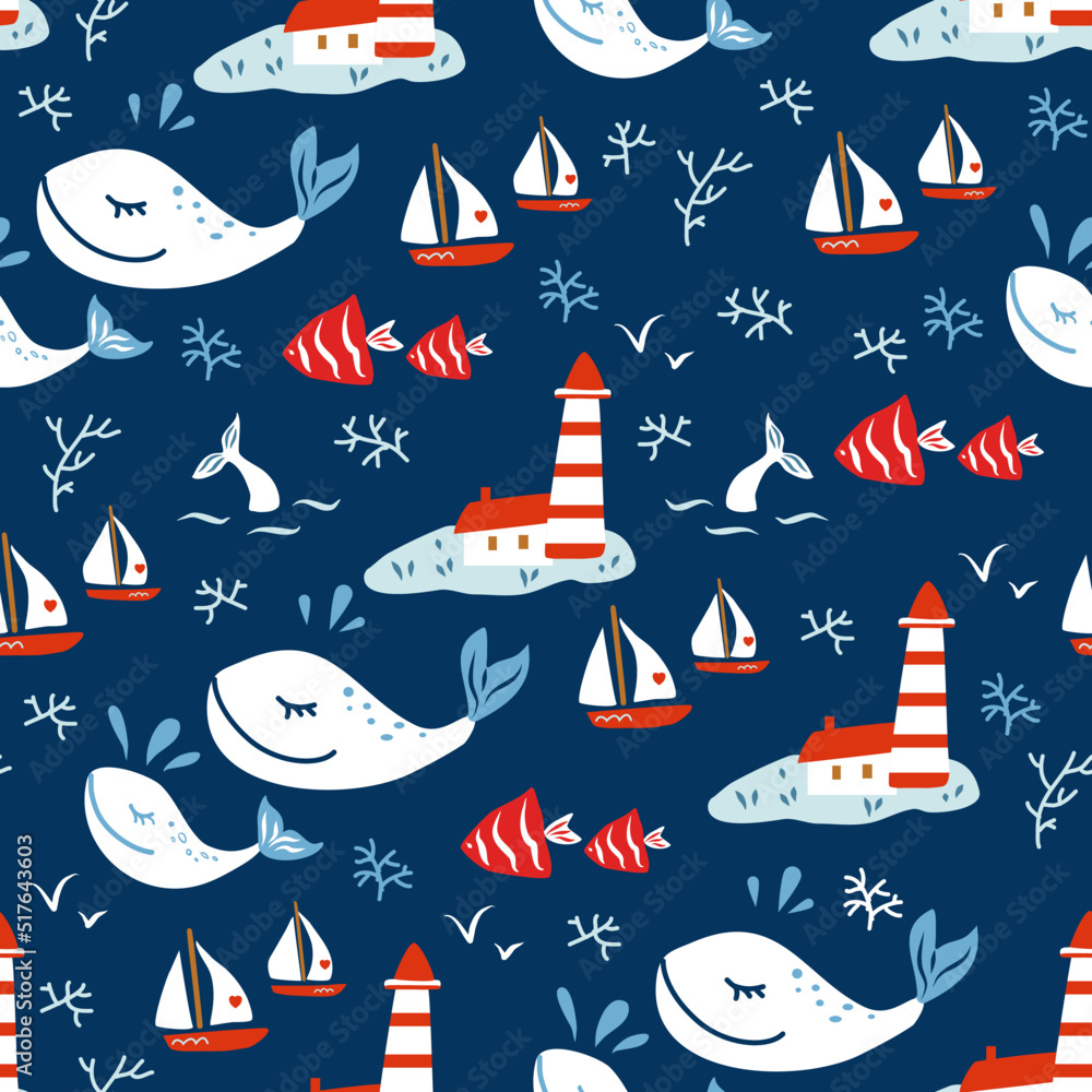 Seamless sea vector pattern, lighthouse, yaht, whales cartoon hand ...