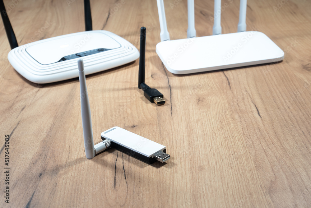 Different types of Wi-Fi routers, modern and old technology. Wireless ...