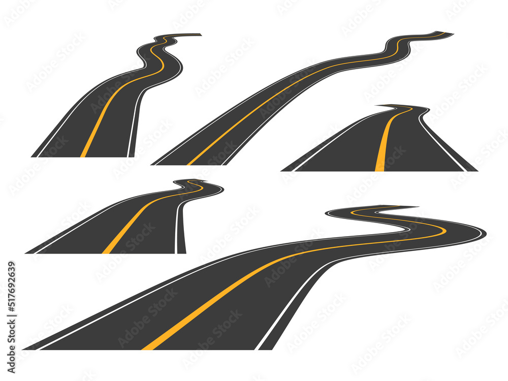 Curved straight asphalt road set. Perspective highway traffic with ...