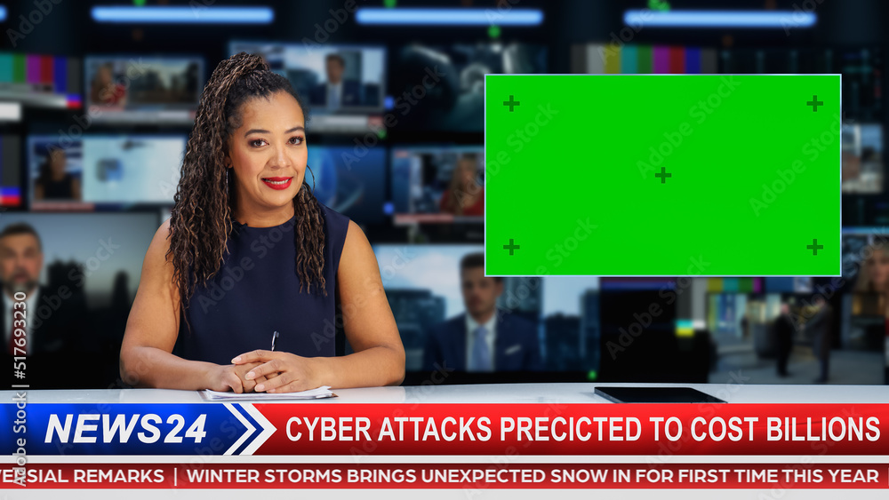 Split Screen TV News Live Report: Anchor Talks, Reporting. Reportage ...