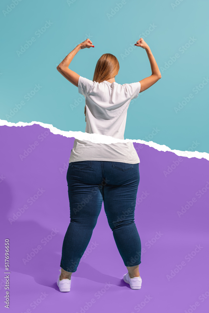 Back view. Collage with beautiful thin girl with body of plus-size ...